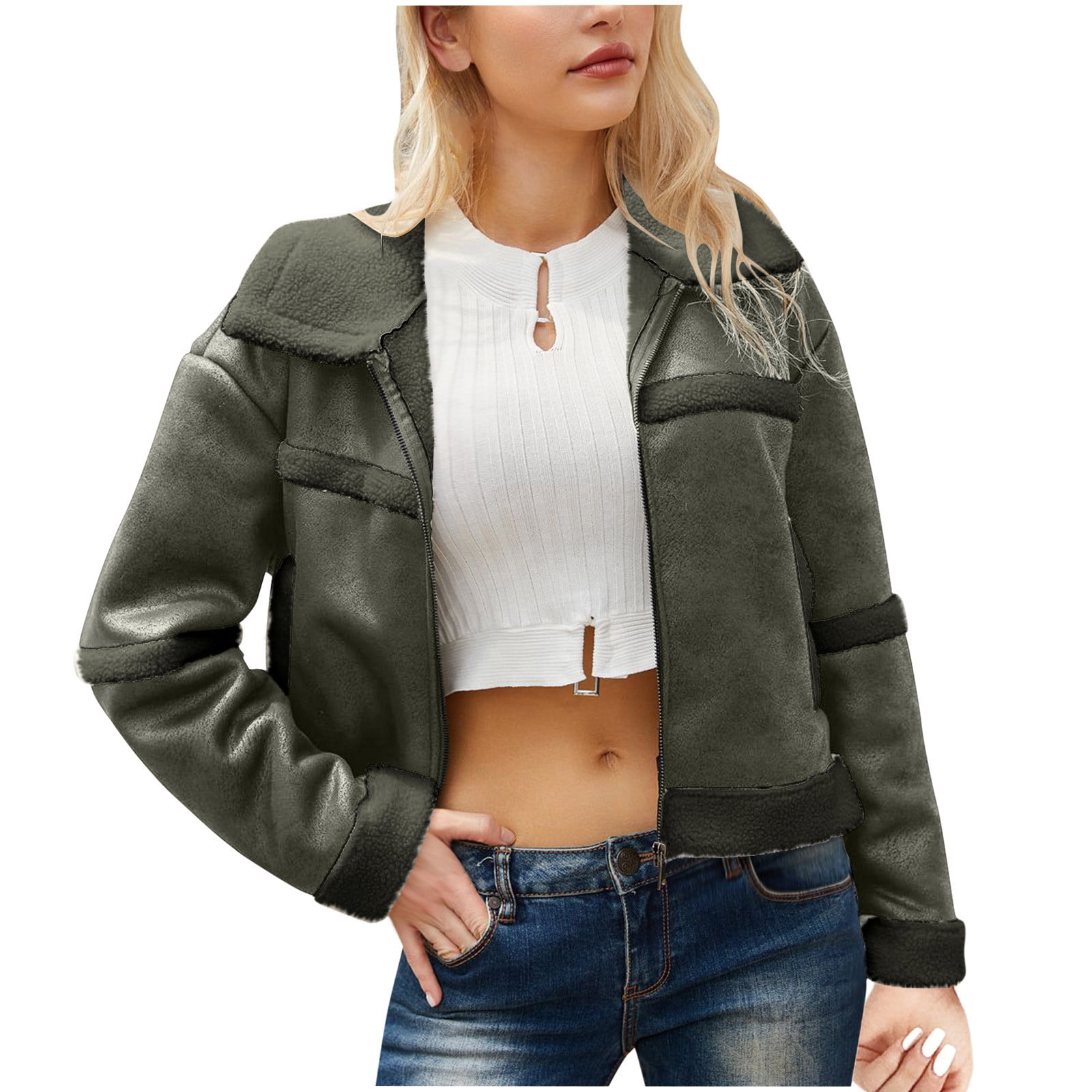 Women Cropped Sherpa Moto Jacket Lapel Faux Leather Coat Women Cropped Sherpa Moto Jacket Lapel Faux Leather Coat