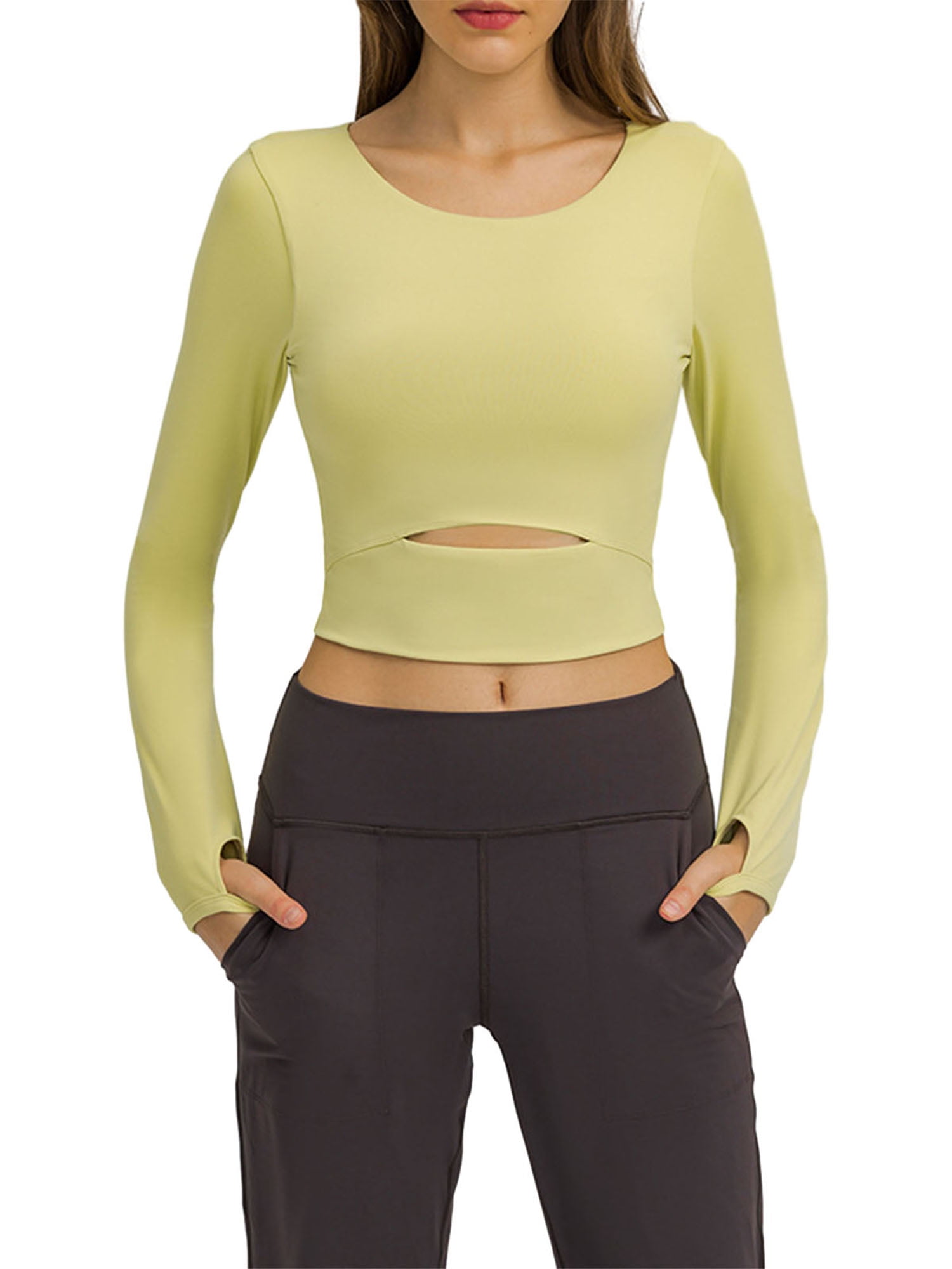 Shunvnny Women Cropped Workout Tops Cutout Thumb Hole Padded Long ...