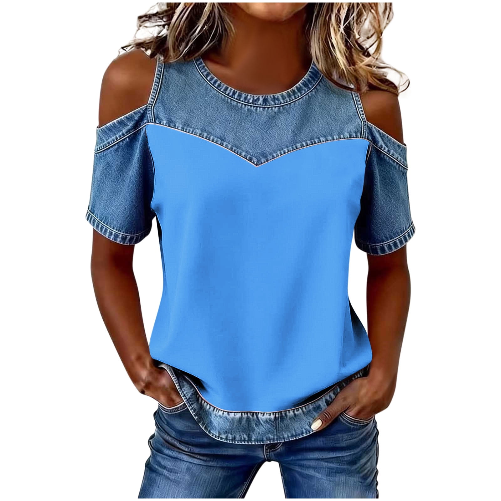 Women Cut Out Cold Shoulder Denim Printed Patchwork Top Summer Color ...