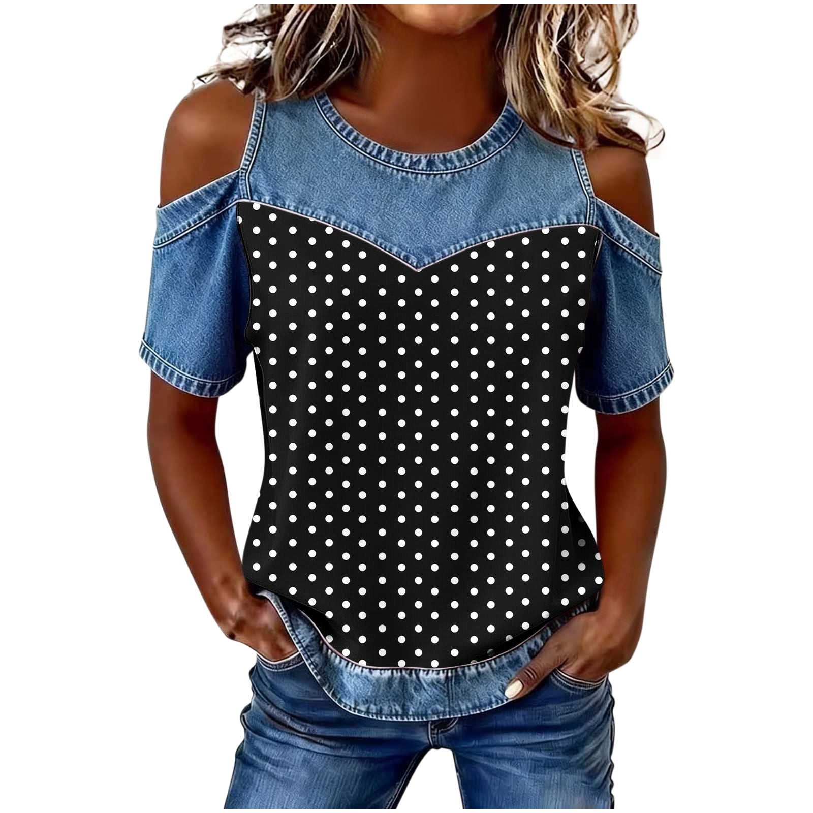 Women Cut Out Cold Shoulder Denim Printed Patchwork Top Summer Color ...