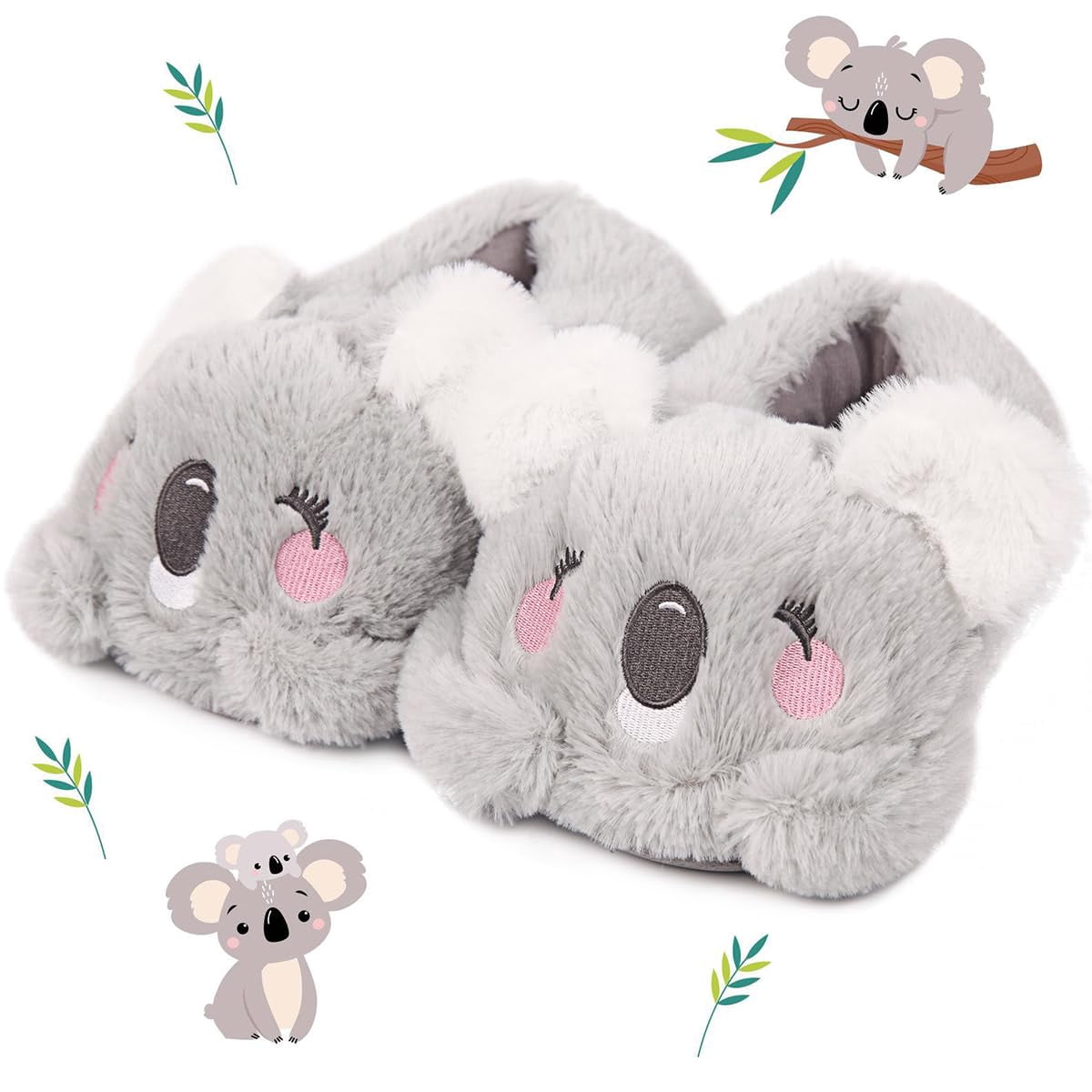 Women Cute Animal Koala Slippers Memory Foam Cotton House Shoes Grey ...