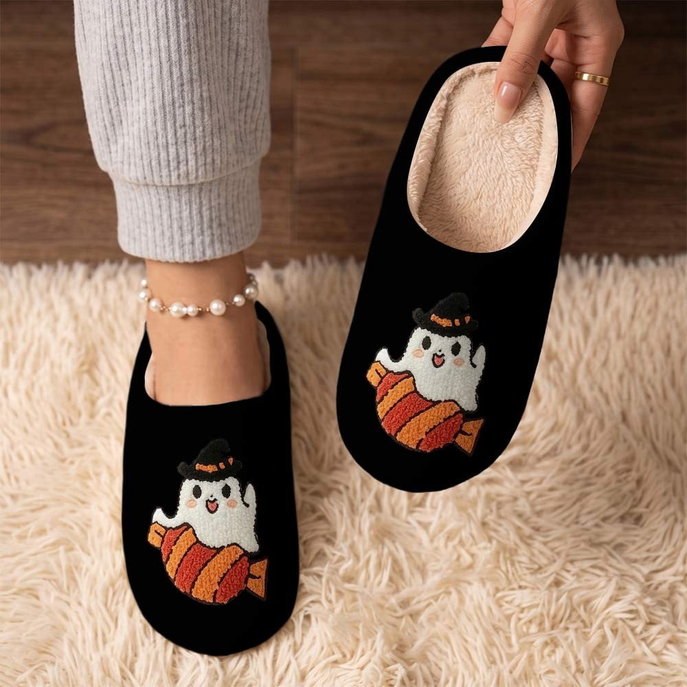 Women Cute Fuzzy Slippers Cartoon Ghost Candy Pattern Warm Plush Cozy ...