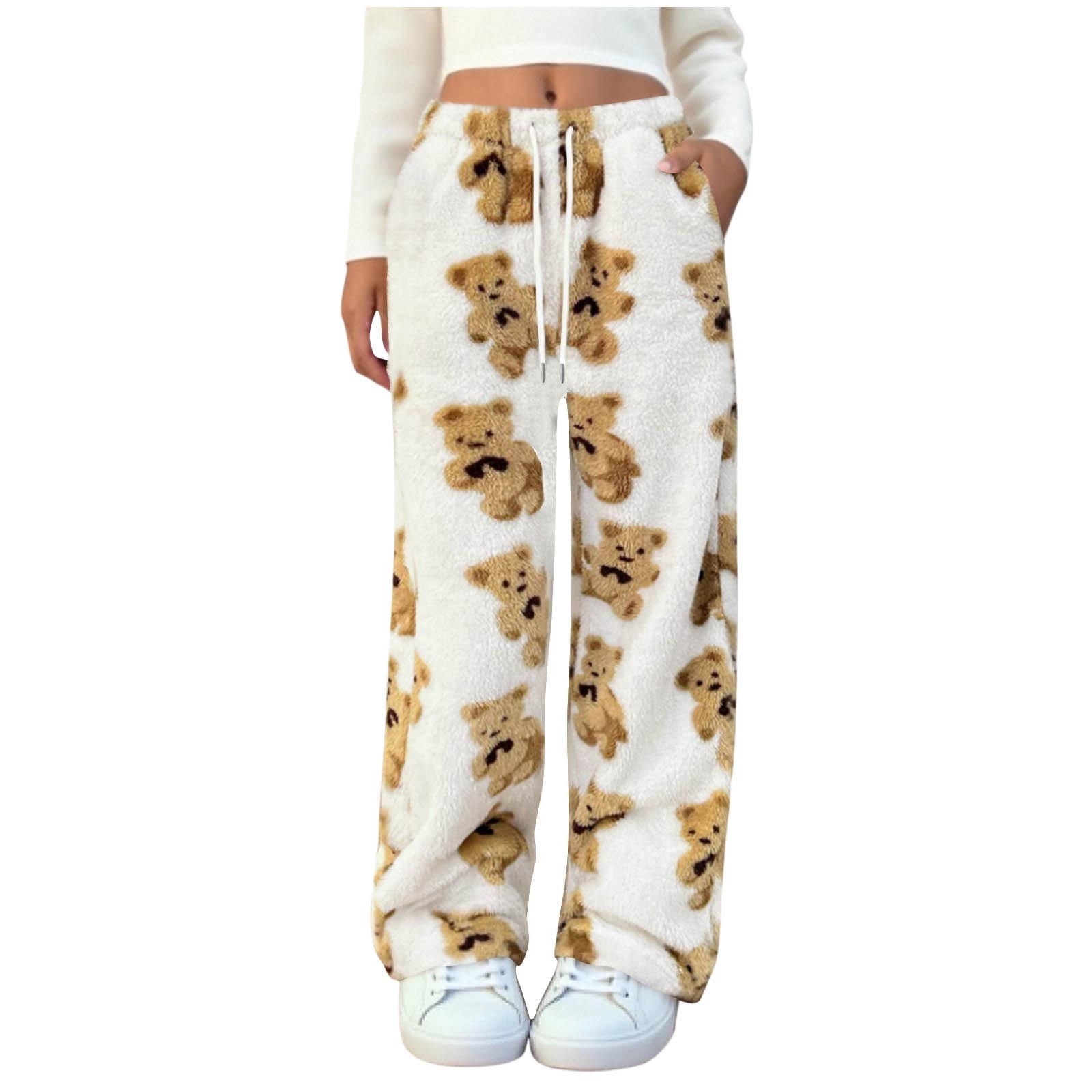 Women Cute Fuzzy Teddy Bear Pants Plush Fleece Elastic Waist Wide Leg ...