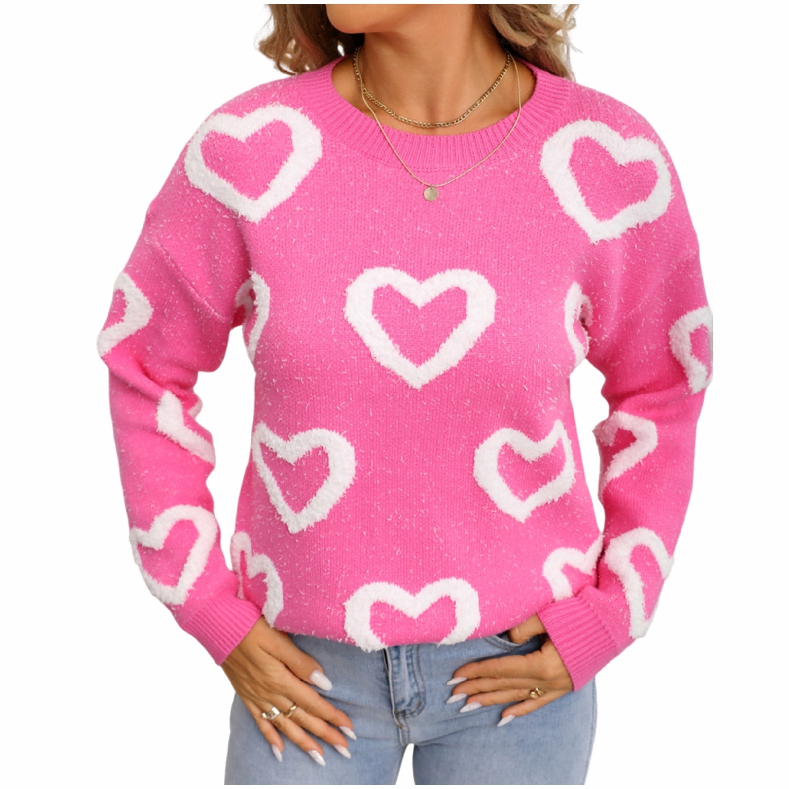 Women Cute Heart Sweaters Long Sleeve Valentines Day Sweater Crew Neck ...