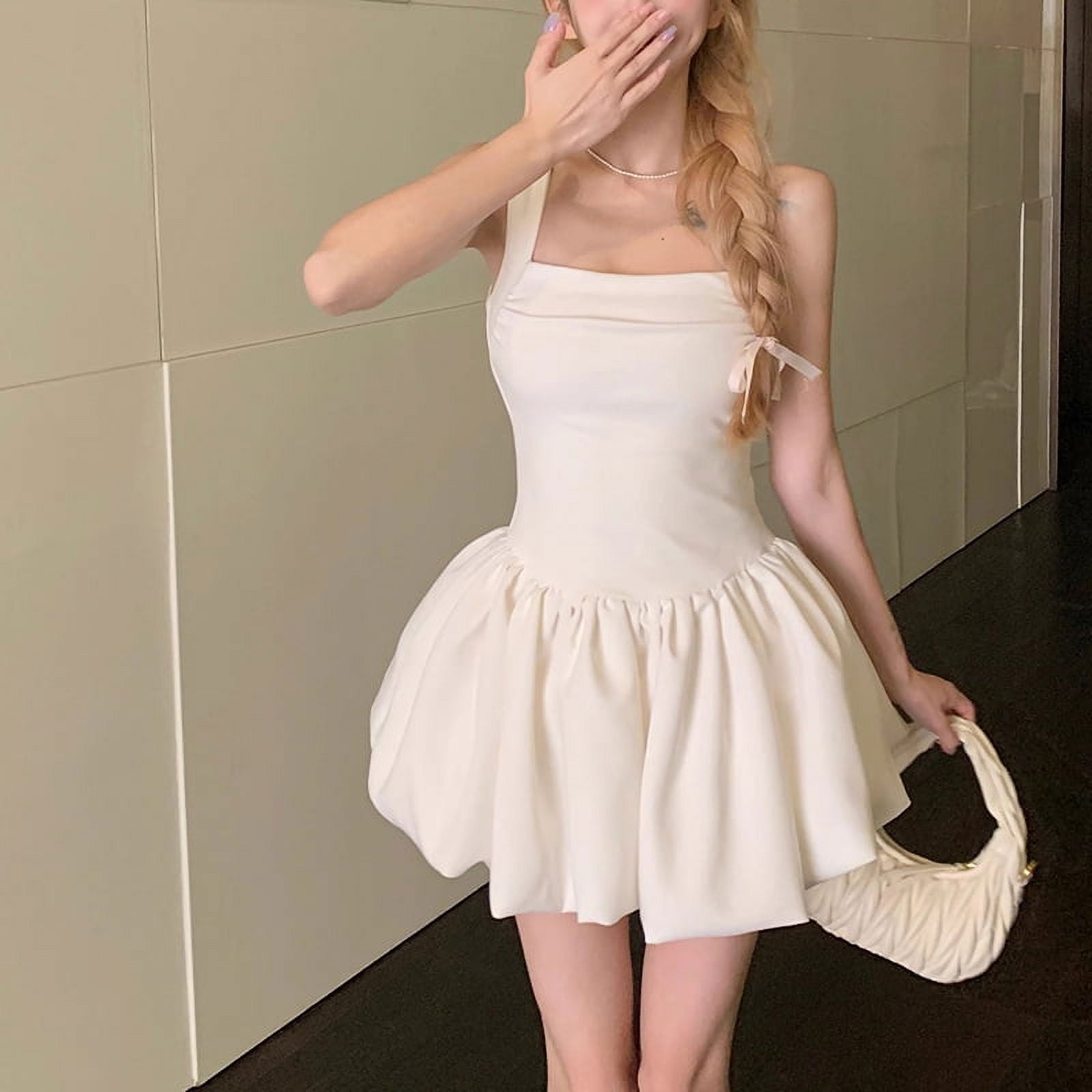 Women Cutecore Party Suspender Bubble Dress Lady Solid Ruched Prom Mini ...