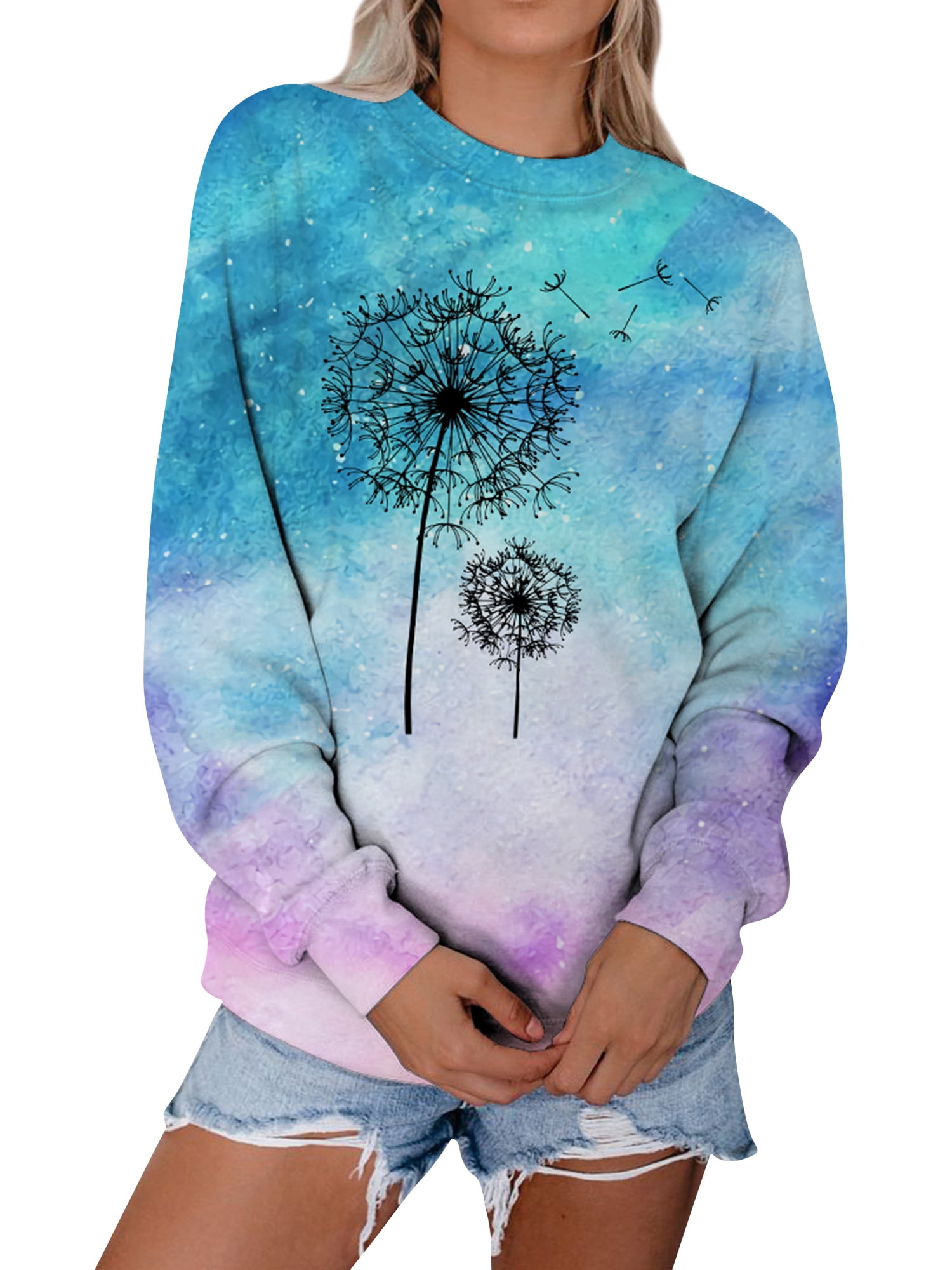 ZXSXSY Women Dandelion Printed Crew Neck Long Sleeve Dip-Dyed Pullover ...