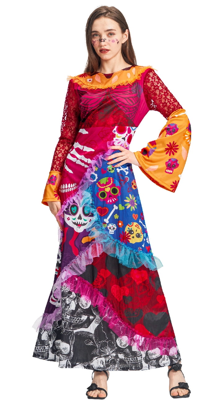 Women Day of the Dead Costume, Long Sleeves Sugar Skull Fancy Dress ...
