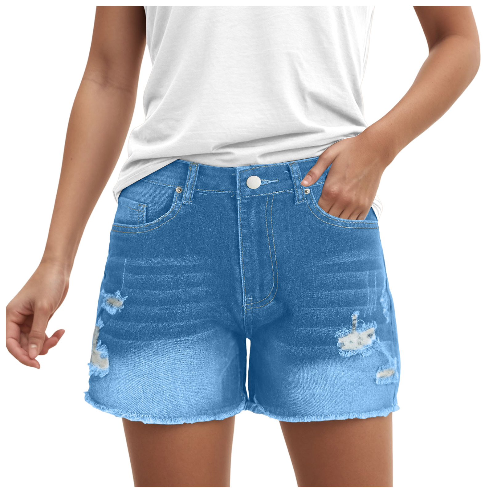 Women Denim Shorts Stretchy Mid High Waisted Summer Beach Trendy Ripped ...