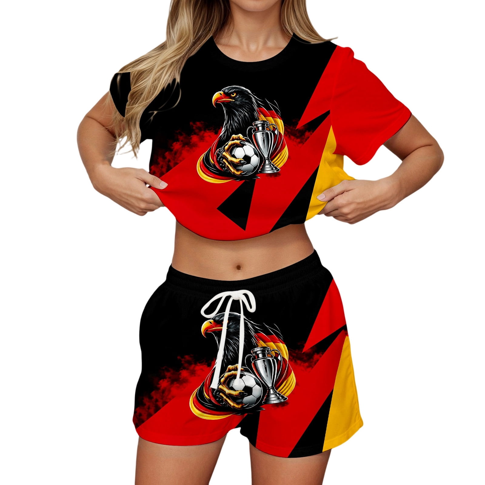 Women Deutschland 2026 Football Print Two Piece Outfit Short Sleeve ...