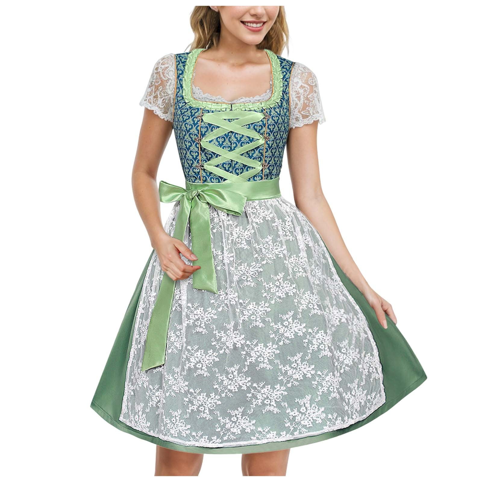 Women Dirndl Midi Dress For Oktoberfest With Apron And Blouse Far Blue ...