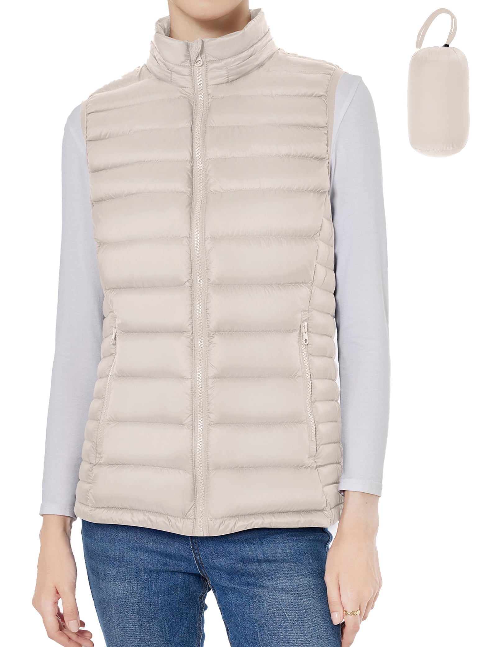 Women Down Vest Lightweight Packable Down Puffer Vest Warm Winter Puffy Vest with Hood (White ...