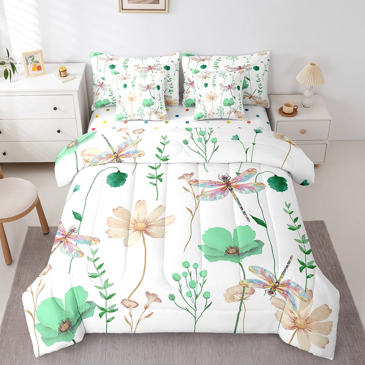 Women Dragonfly Comforter Set Twin Size,Watercolor Flower Bedding Set ...