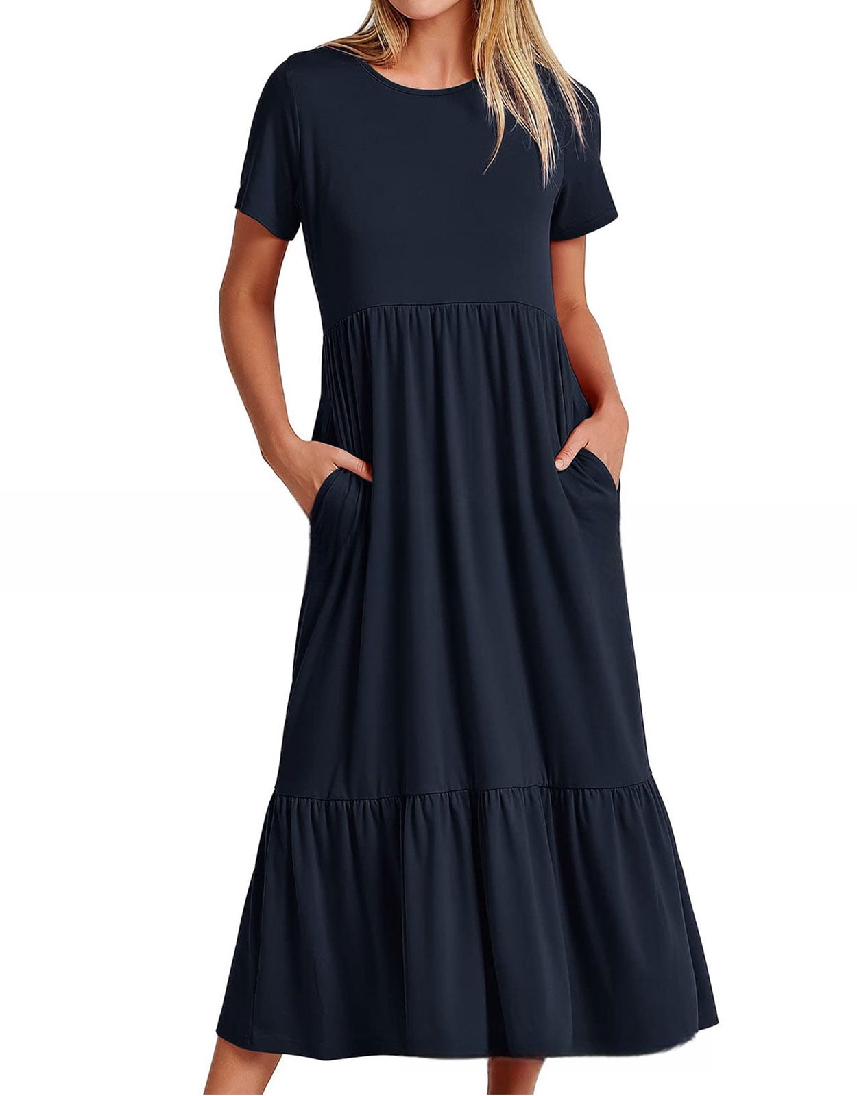 Women Dress Cotton Midi Pocket Summer Casual Short Sleeve Lady Dresses Loose 2xl Cogild