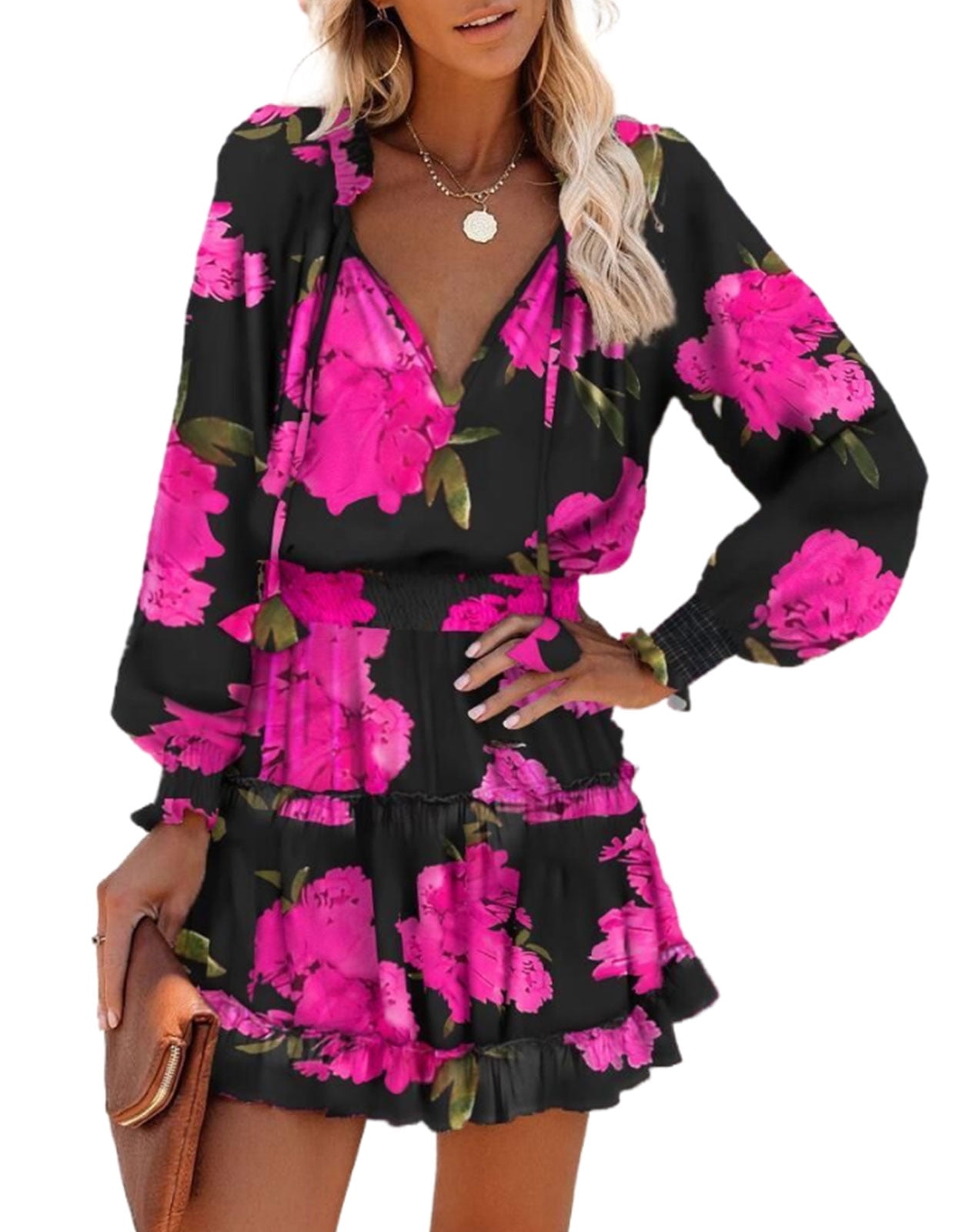 Women Dress Long Sleeve Chiffon V-neck Elastic Lotus Sleeve Loose Lady ...