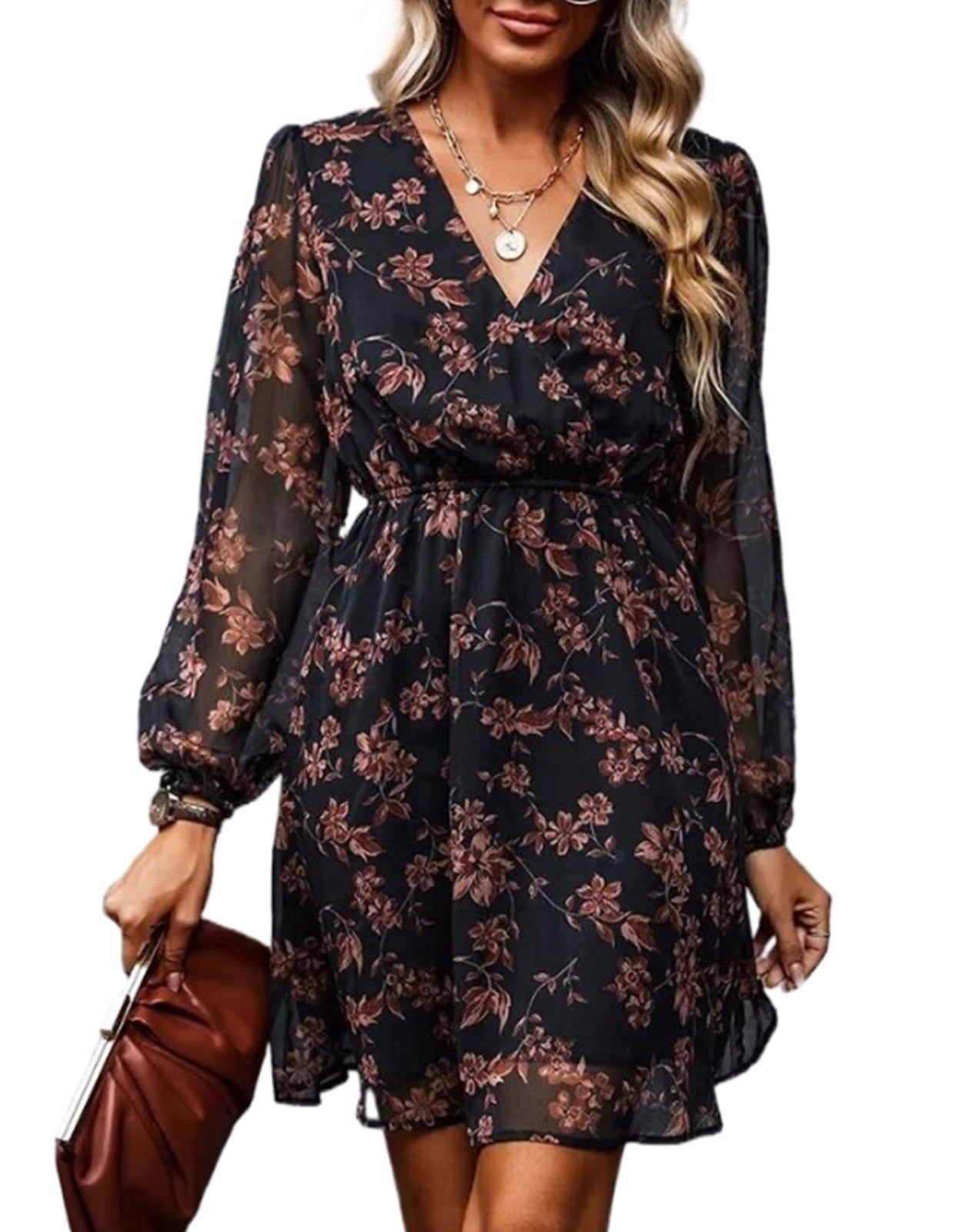 Women Dress Mini Dresses Floral Lady Long Sleeve Chiffon A-line V-neck ...
