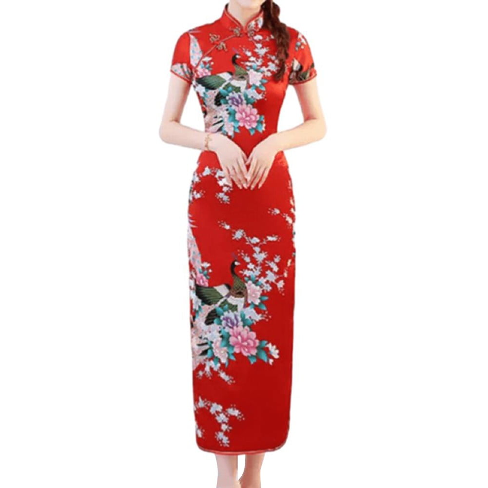 Women Dress New Year Chinese Style Event Short Sleeve Retro Long ...