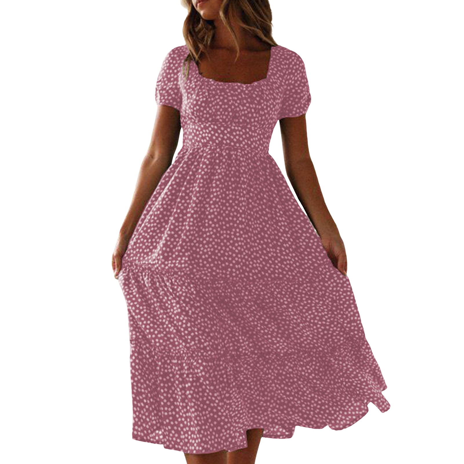 Women Dress Small Flower Print Patchwork A-line Flowy Hem Square Neck ...