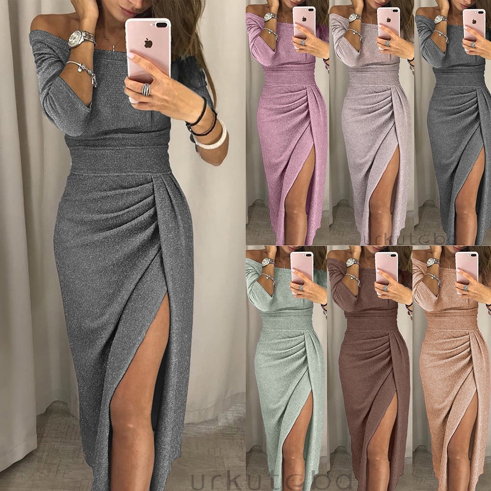 Women Dress Solid Color Long Sleeve Off Shoulder Slim-Fit Over-Knee ...