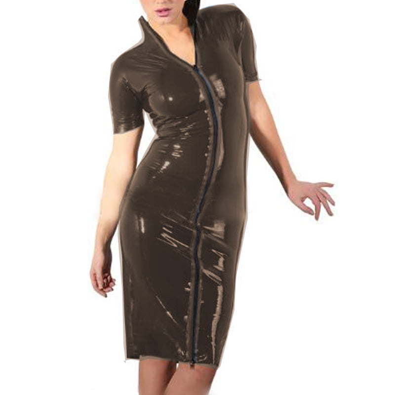Women Dress with Front Zipper PVC Leather Lady Bodycon Dress Wet Look ...