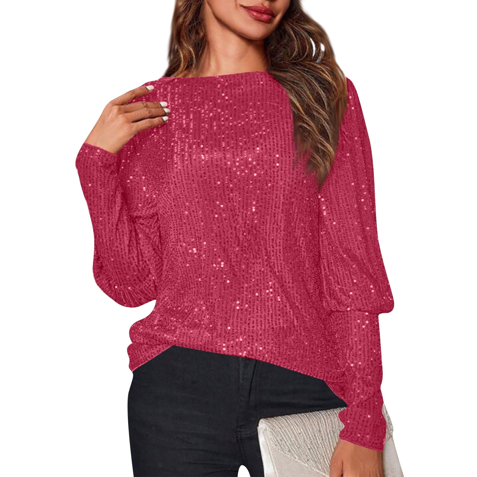 Women Dresses Party Dress Women's Sparkling Sequin Blouse Long Sleeve ...