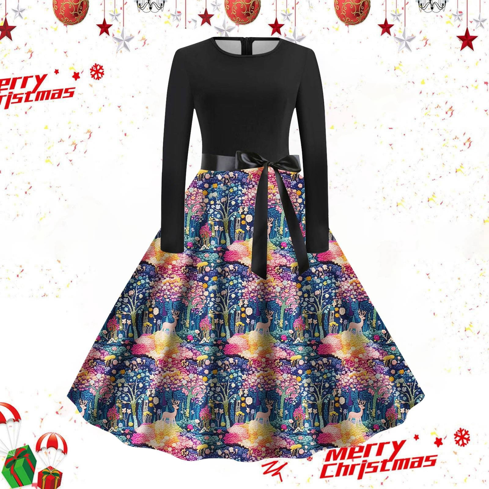 Women Dresses Santa Claus Long Sleeves Formal Dress Christmas Outfits ...