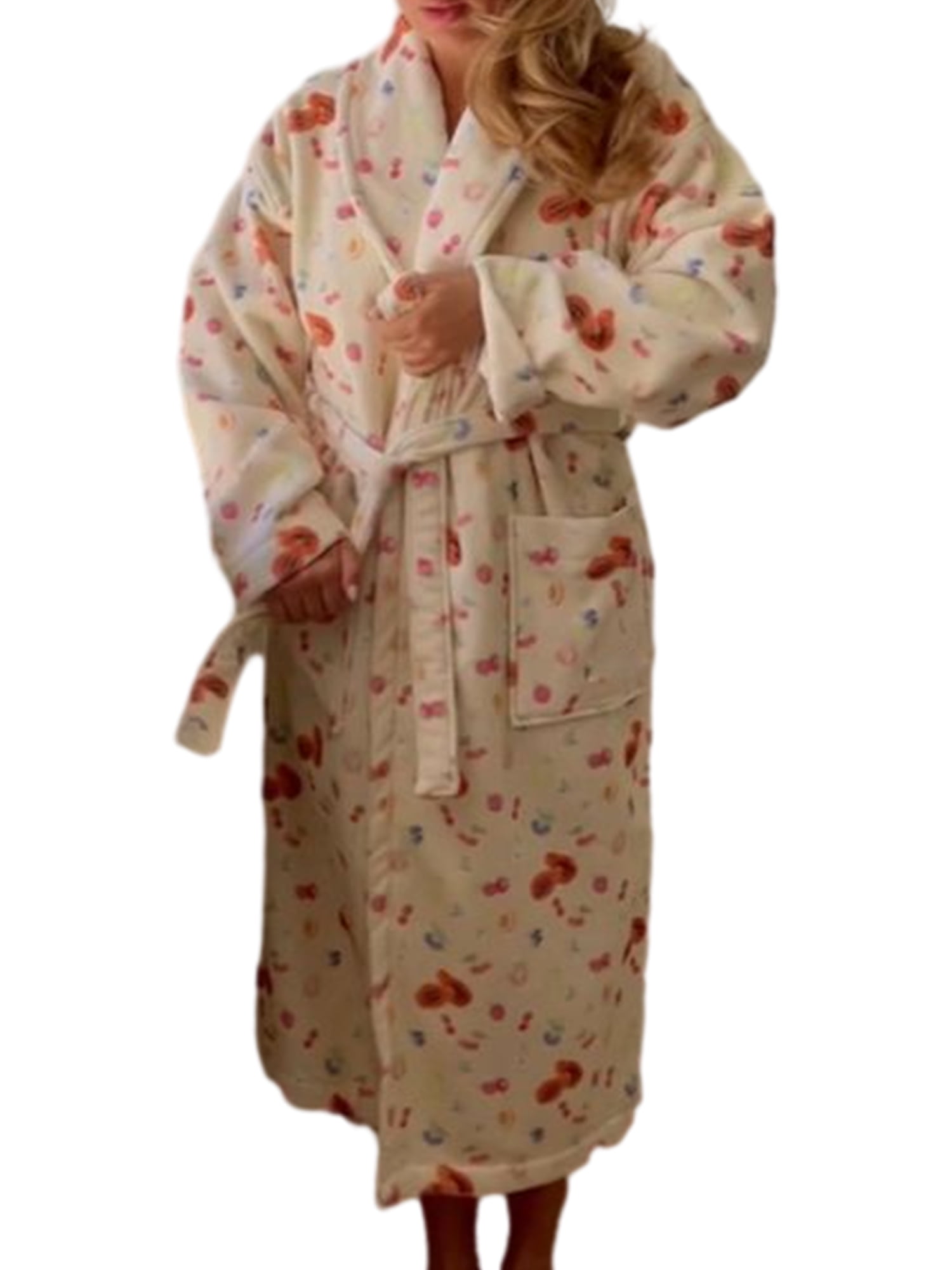 Women's Full Length Flannel Robe with Floral Print and Shawl Collar ...
