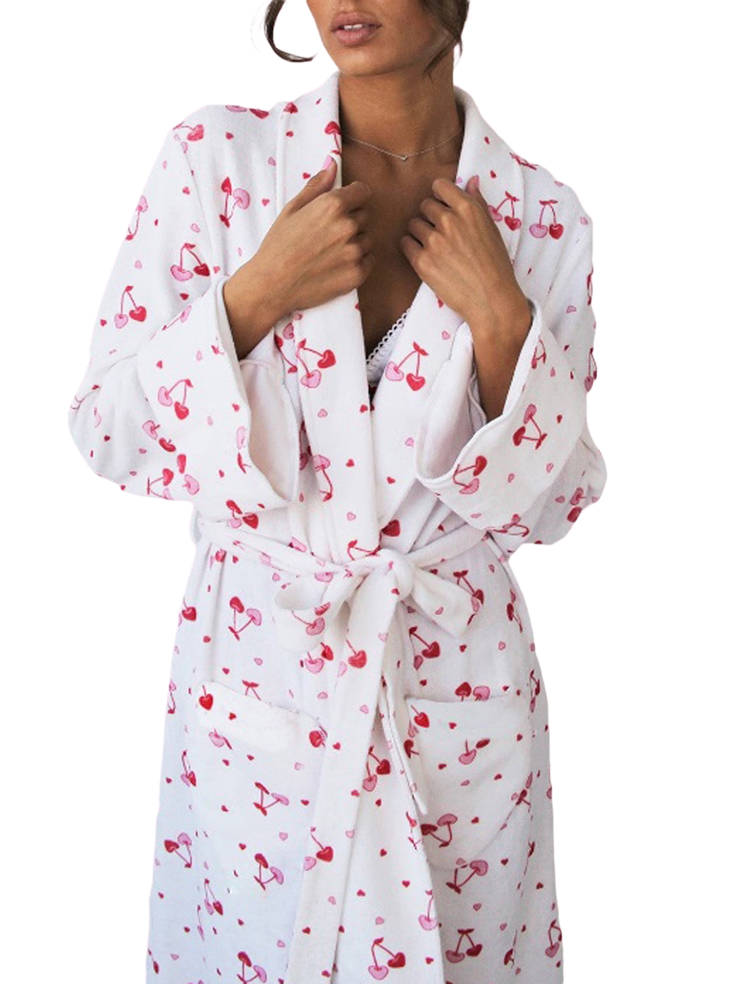 Women Dressing Gown Robe Cherry Print Shawl Collar Party Robe for Hotel ...