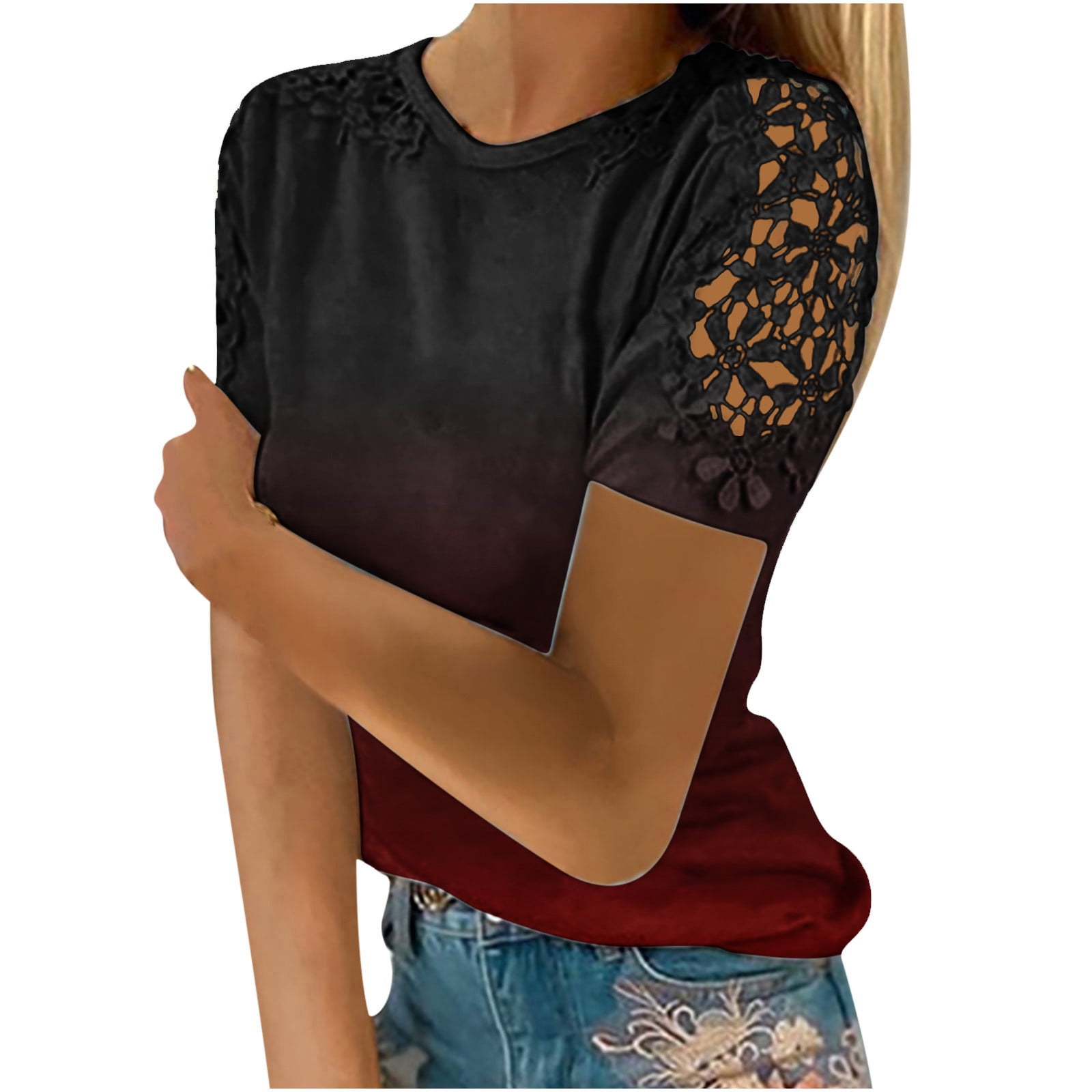 Women Dressy Tops And Blouses Elegant Gradient Print O Neck Lace