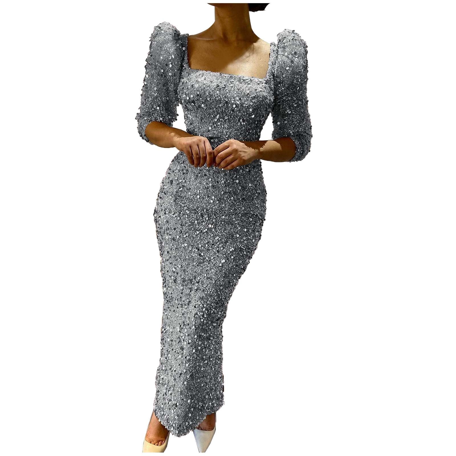 Women Elegant Classy Sequin Bodycon Long Dress Square Neck Lantern Sleeve Sparkly Homecoming ...