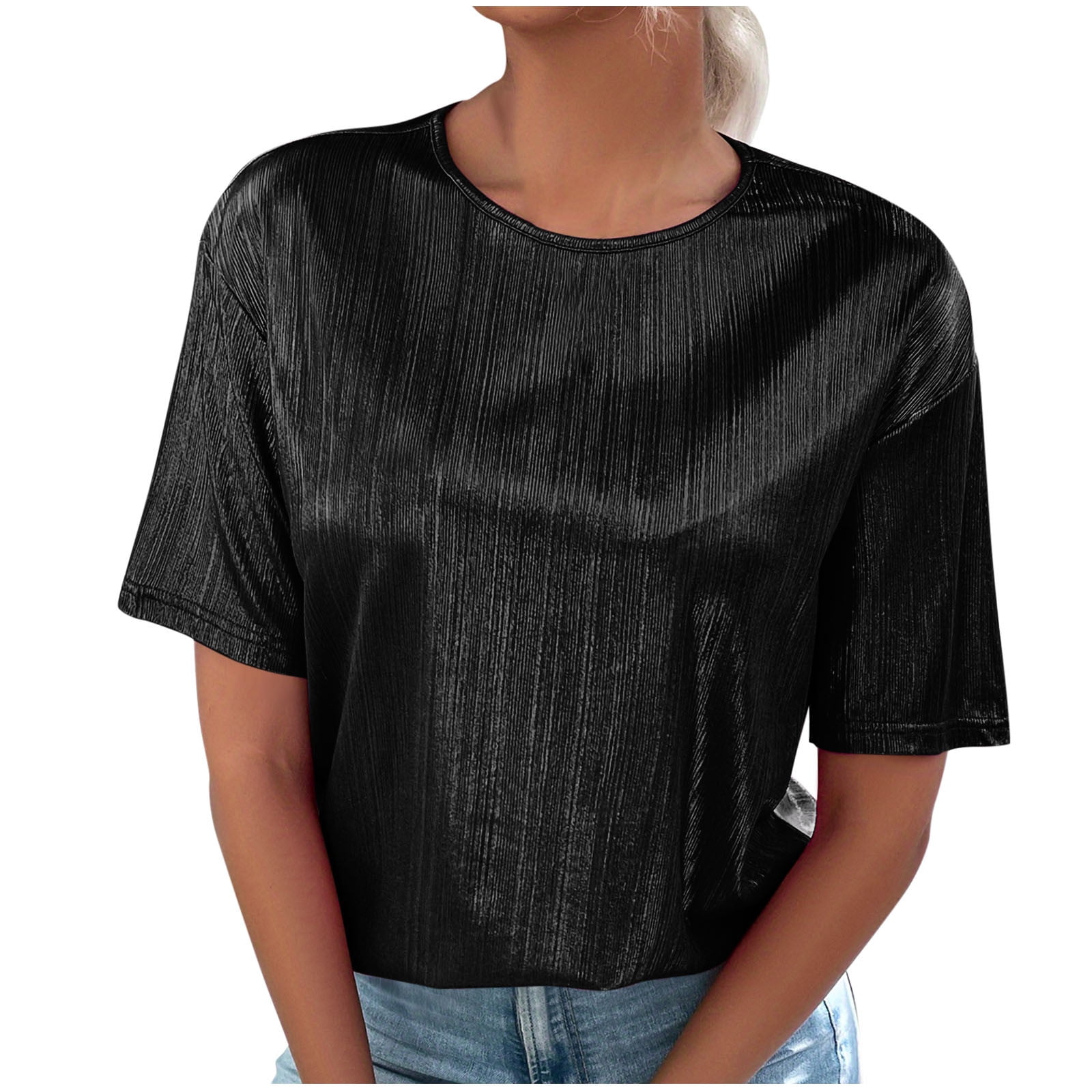 Women Elegant Metallic Shirt Round Neck Sparkly Shiny Top Holographic ...