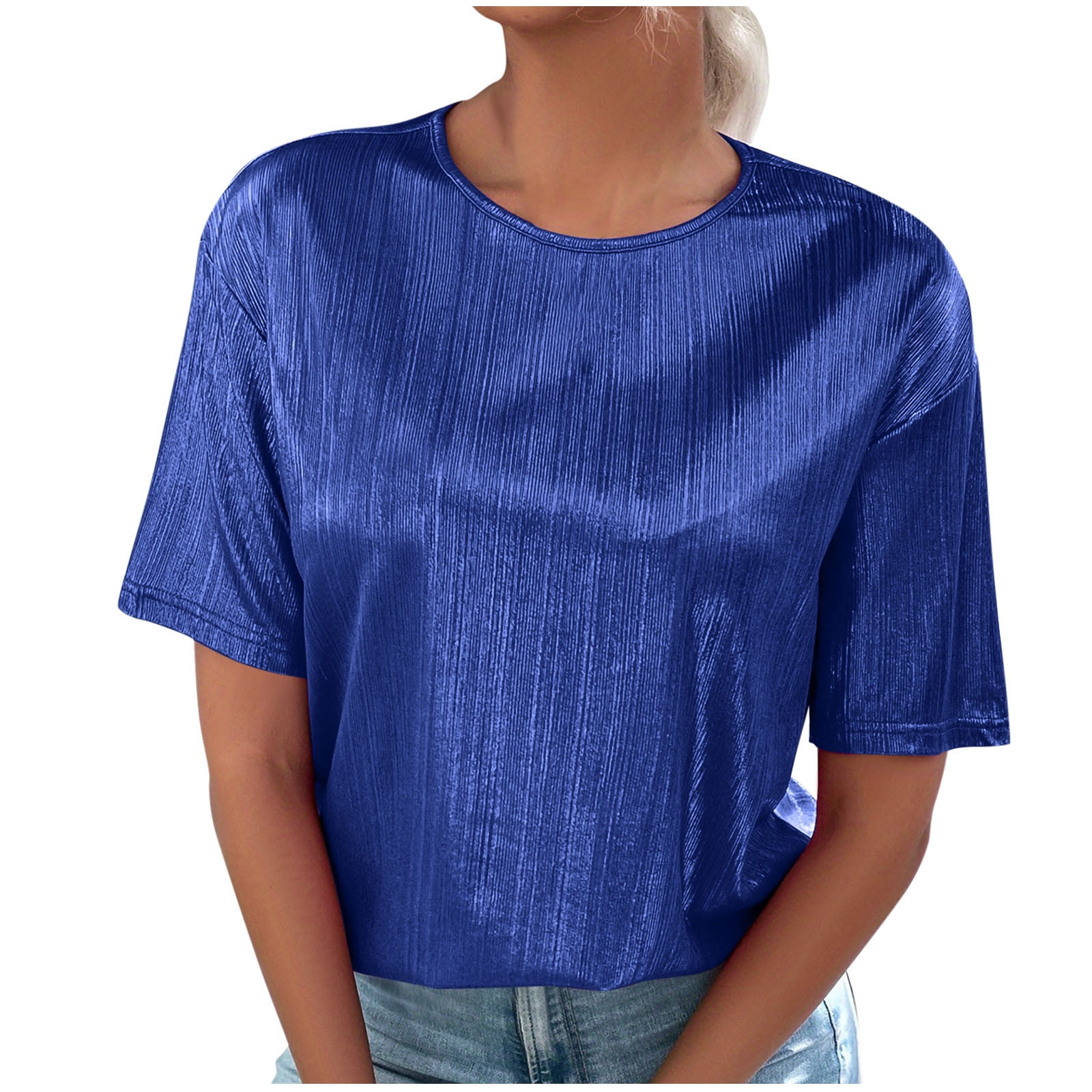 Women Elegant Metallic Shirt Round Neck Sparkly Shiny Top Holographic ...
