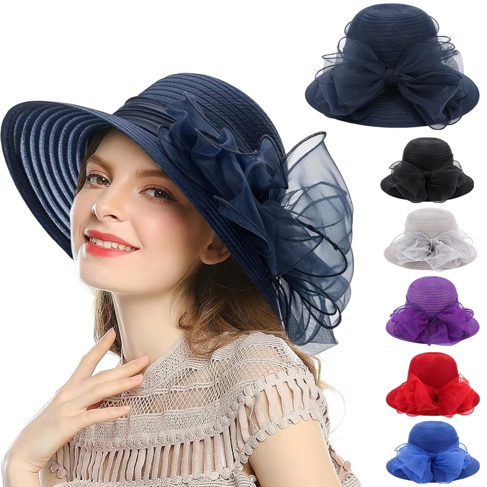 Women Elegant Organza Sun hat with Flower Church Hat Headgear Wedding ...