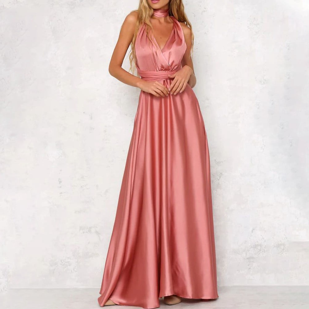Women Elegant Satin V-neck Evening Multi Way Wrap Ball Gown Formal Maxi ...
