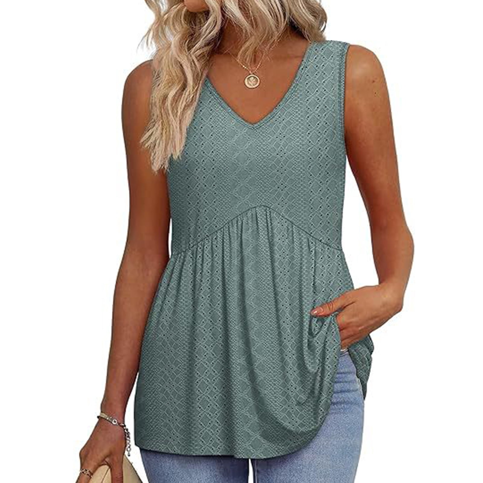 Women Elegant Sleeveless V-Neck Pleated Ruffle Flowy Tunics Shirt ...
