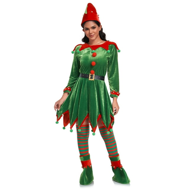 Women Elf Costume Christmas Outfit Adult 6PCS Velvet Dress with Hat ...