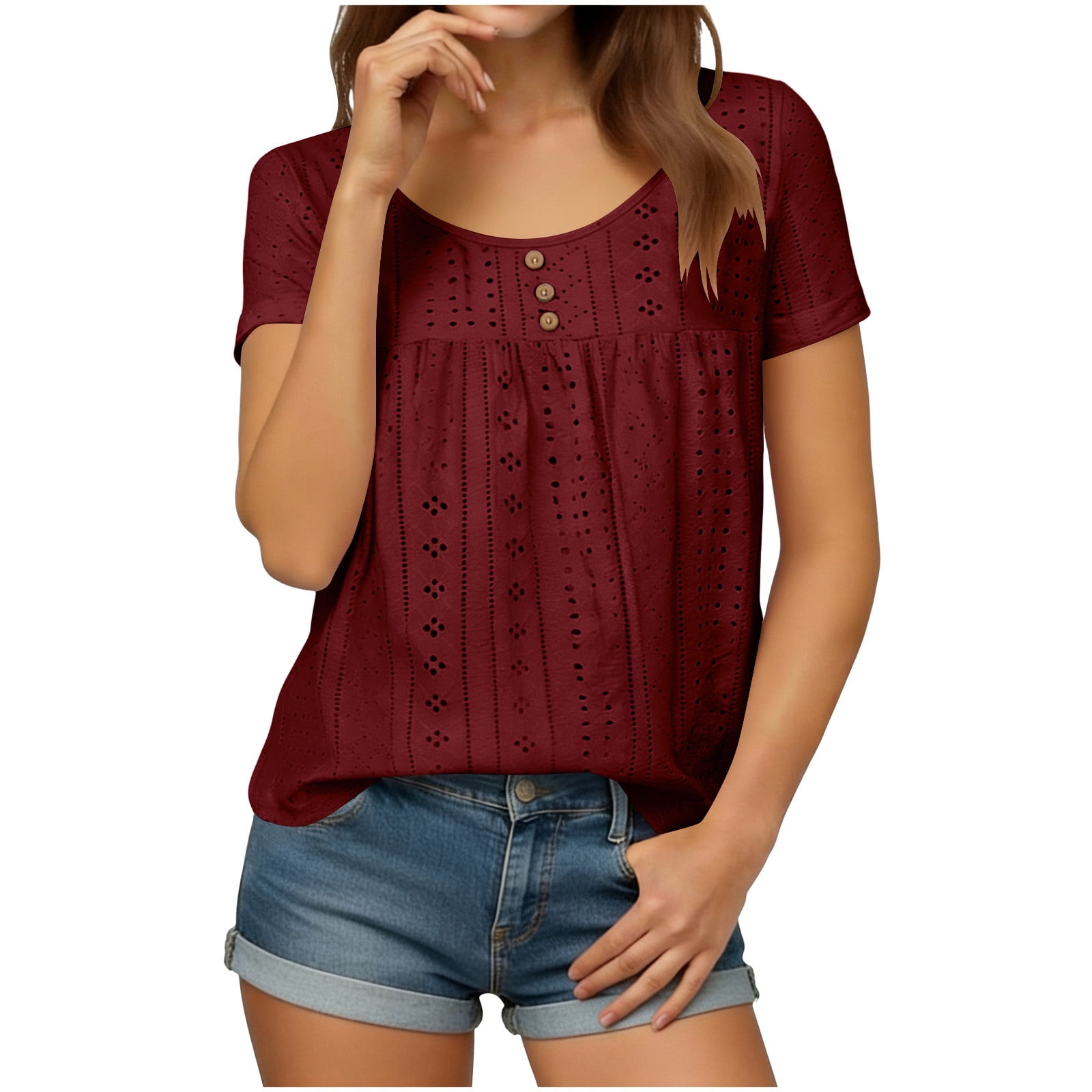 Women Eyelet Tops Long Sleeve Casual Office Blouse Neck Ladies Trendy ...