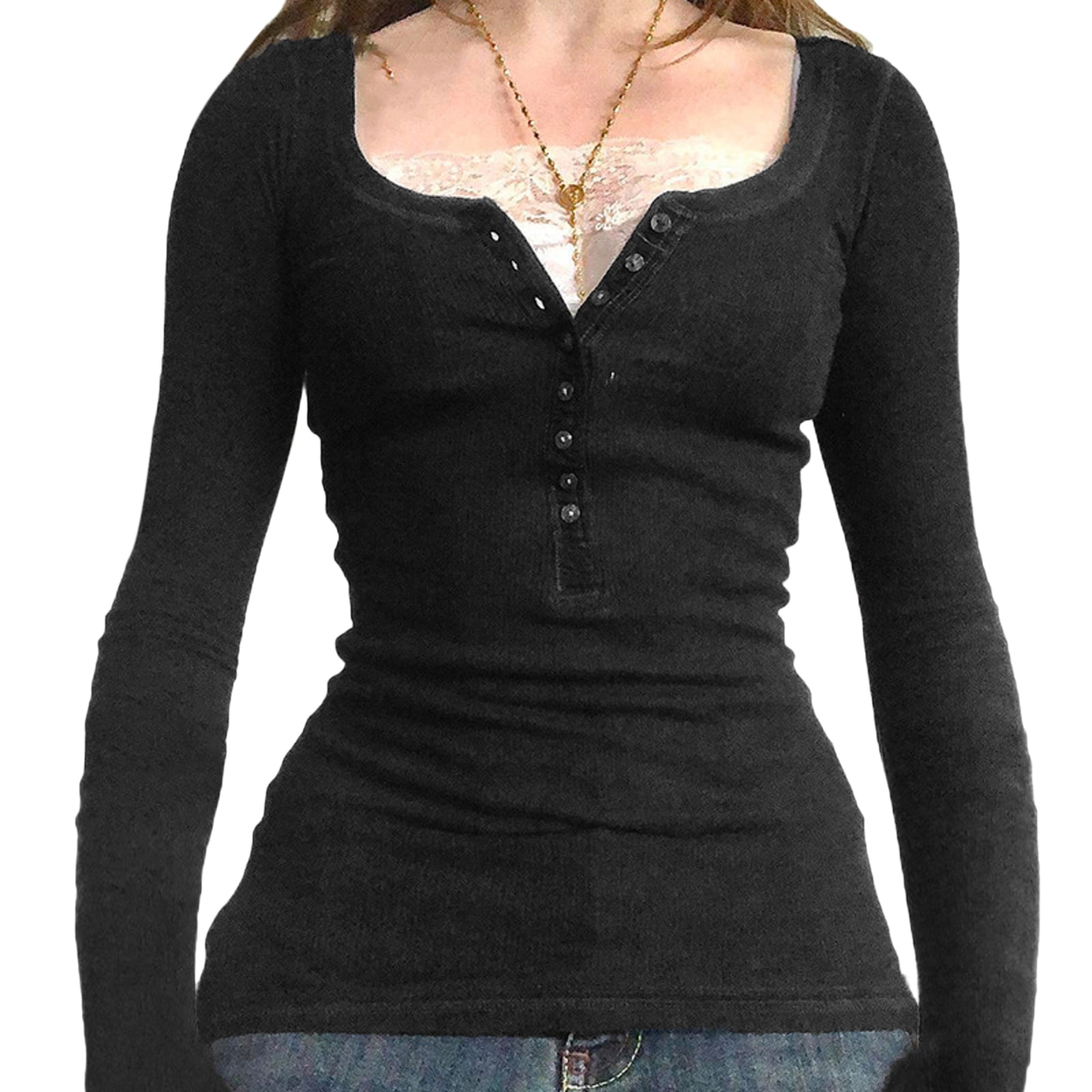 Women Fairy Grunge Shirts Y2K Long Sleeve Lace Patchwork Tees Teen Girls Vintage Slim Blouse ...