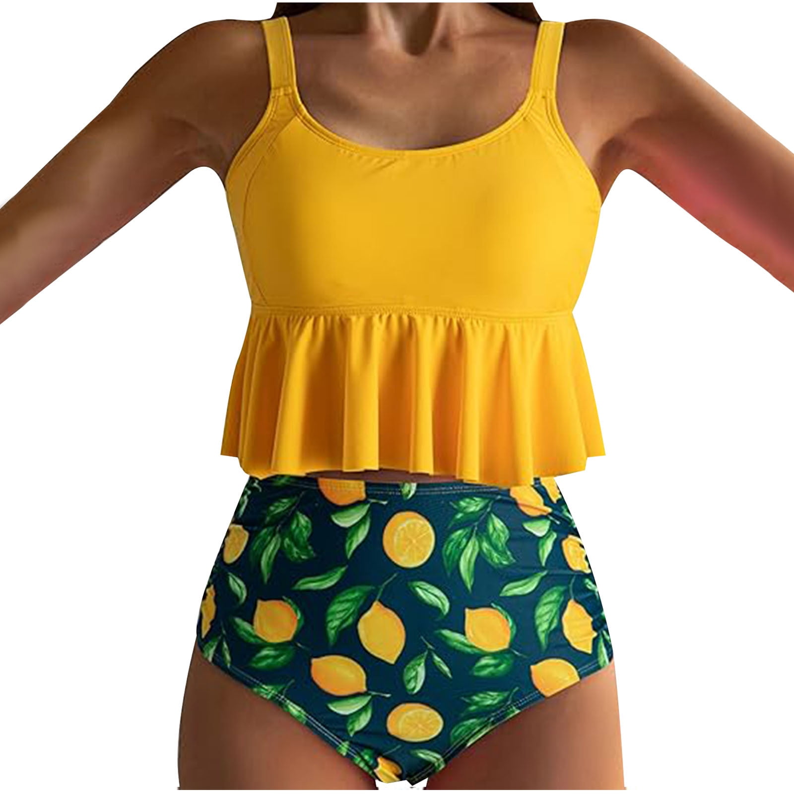Women Falbala Bikini Set Floral Print High Waisted Swimsuit 2 Piece ...