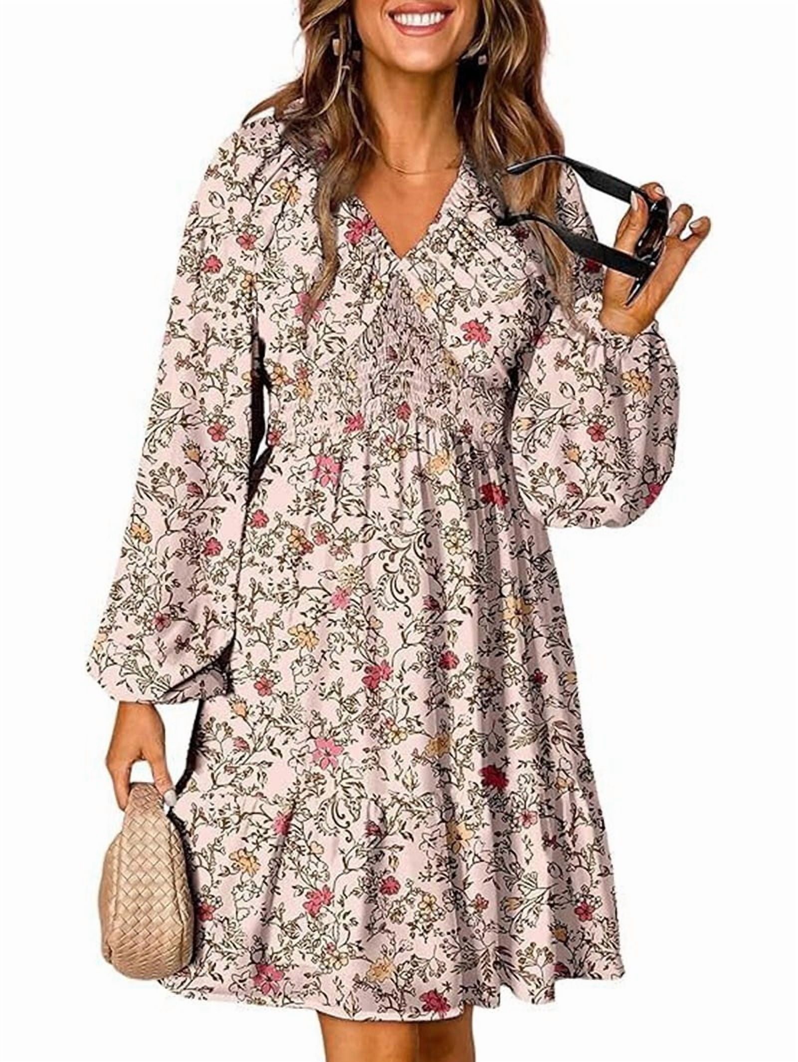 Women Fall Boho Floral V Neck Long Sleeve Smocked Elastic Waist Casual ...