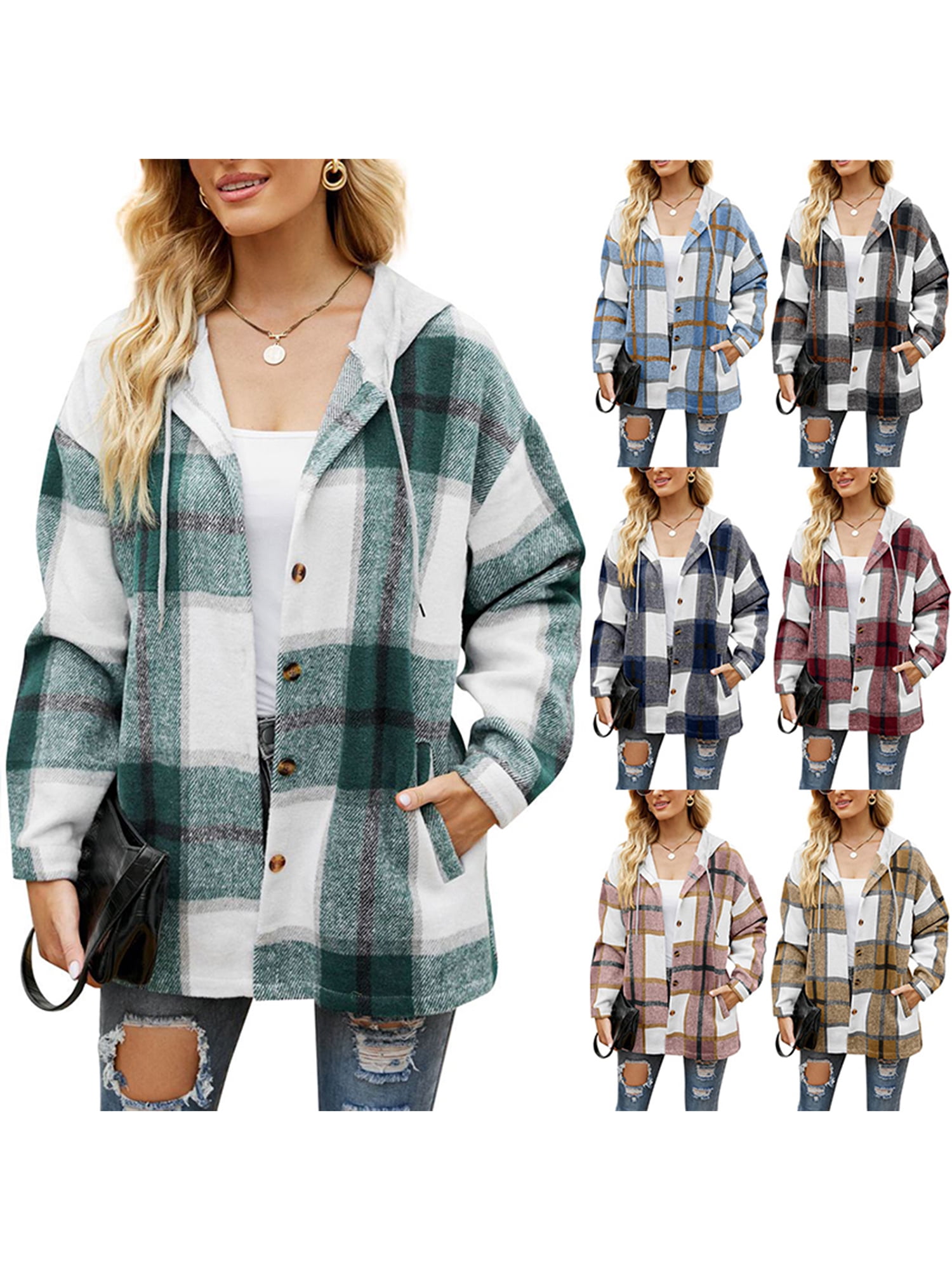 Women Fall Coat Flannel Plaid Print Shacket Long Sleeve Shirts Hooded ...