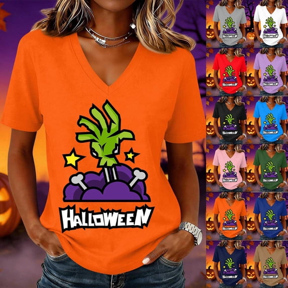 Women Fall T-Shirts Casual Family Halloween Costume Tops Doodles V Neck ...