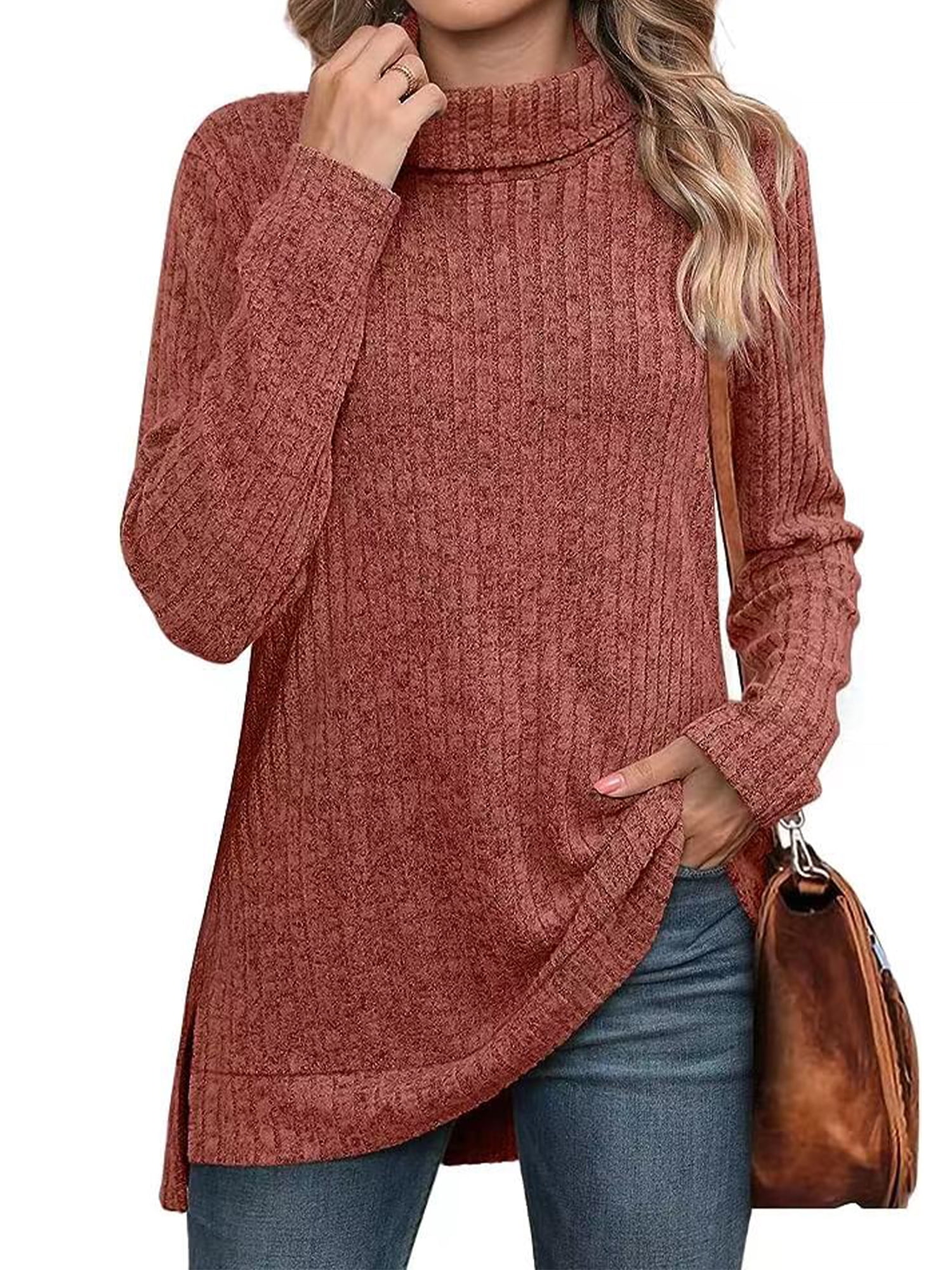 Women Fall Tops Long Sleeve High Neck Comfort Soft Sweater Side Split ...