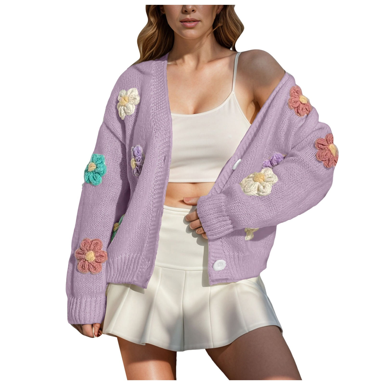 Women Fall Winter Knit Cardigan Sweaters Flower Open Front Button Down ...
