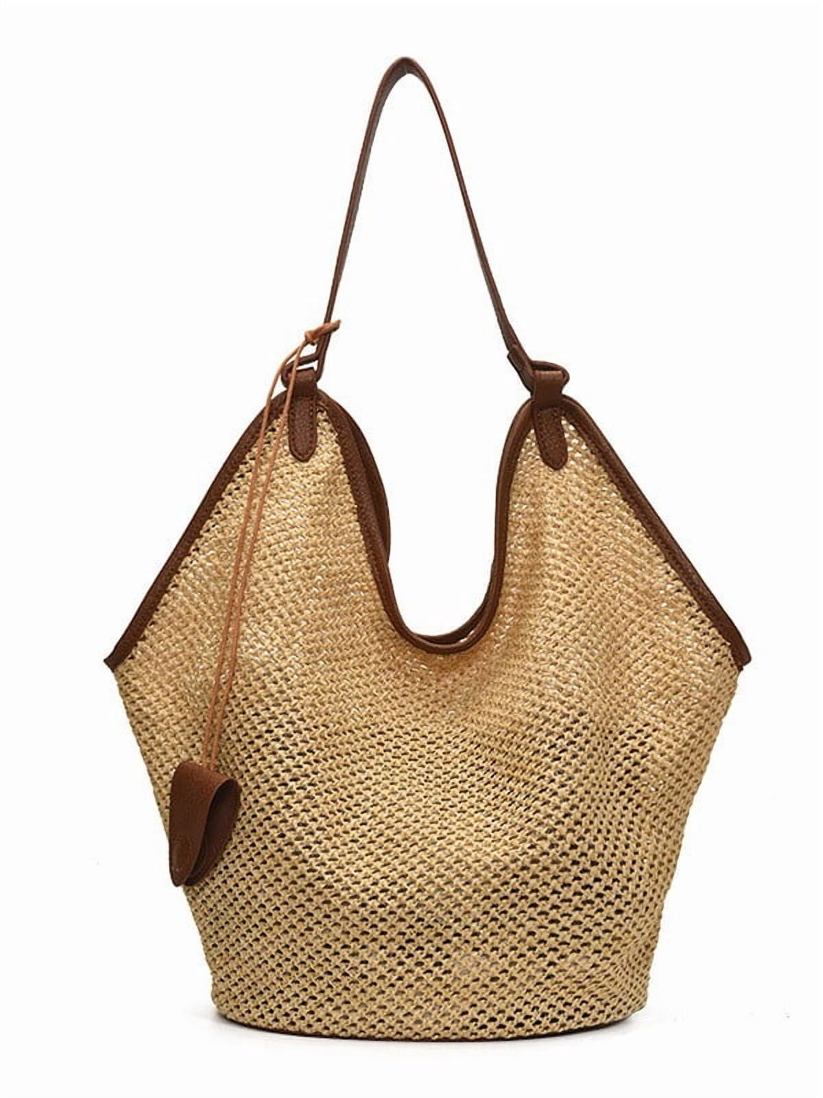 Women Fan Shaped Woven Tote Handbag Natural Straw Beach Bag with ...