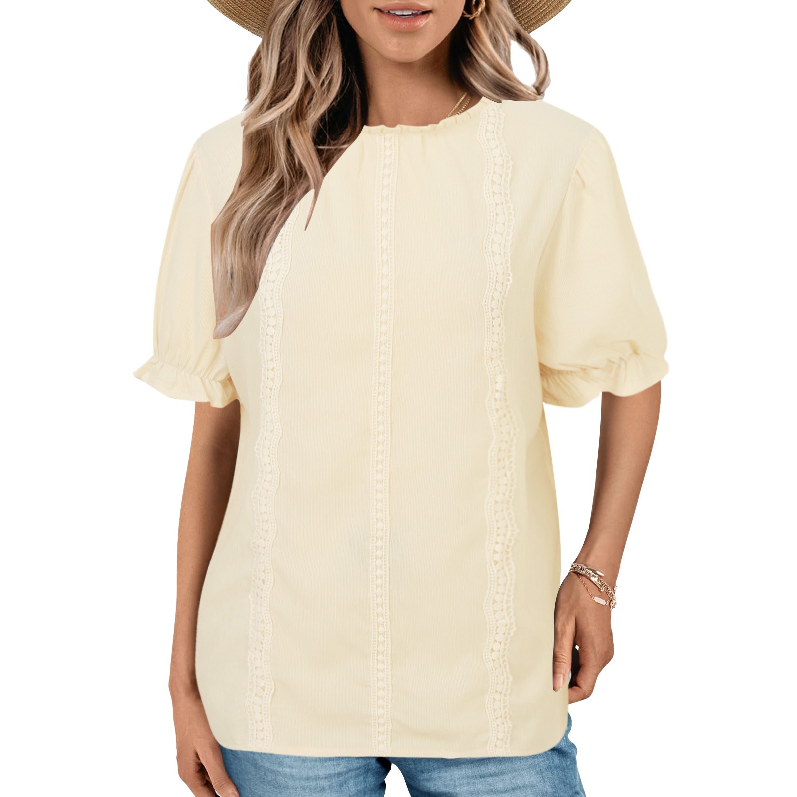 Women Fashion 2024 Summer Tops Puff Sleeves Formal Casual Shirts Small ...