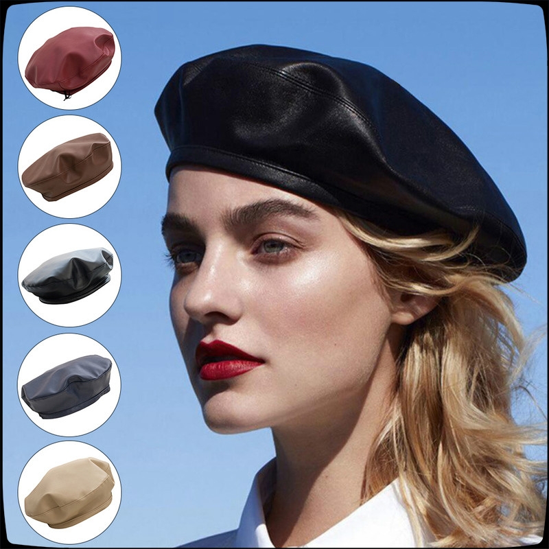 Women Fashion Beret Solid Beret Cap Pu Leather Beret French Artist Warm Beanie Hat Female Ladies ...