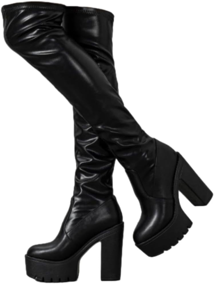 Women Fashion Black Thigh High Boots Pu Leather Over The Knee High ...