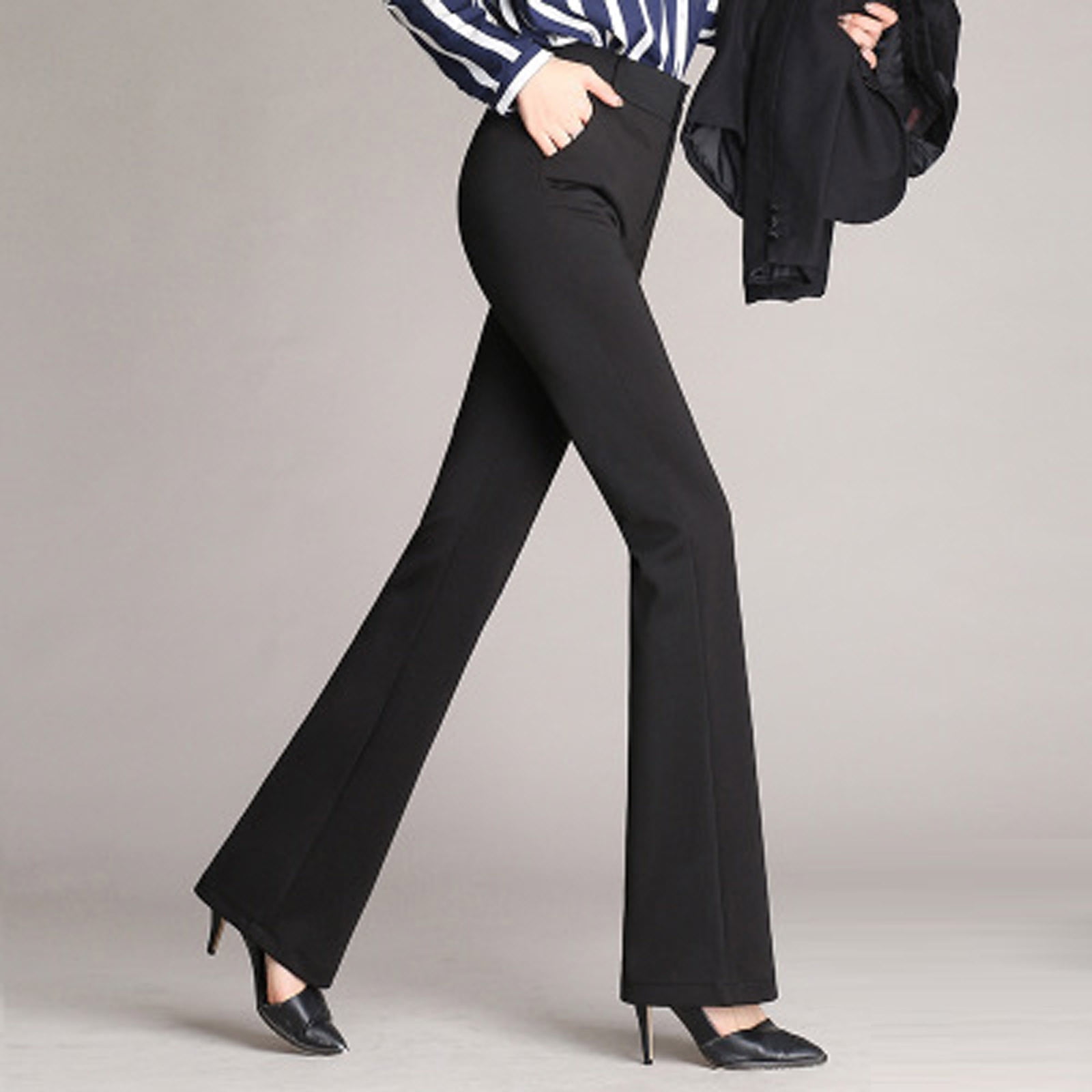 Women Fashion Casual Pants Women Pockets High Waist Solid Straight-leg ...