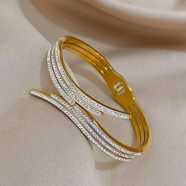 Women Fashion Jewelry Luxurious Golden Silver Crystal Stainless Steel Openable Cuff Bangle ...