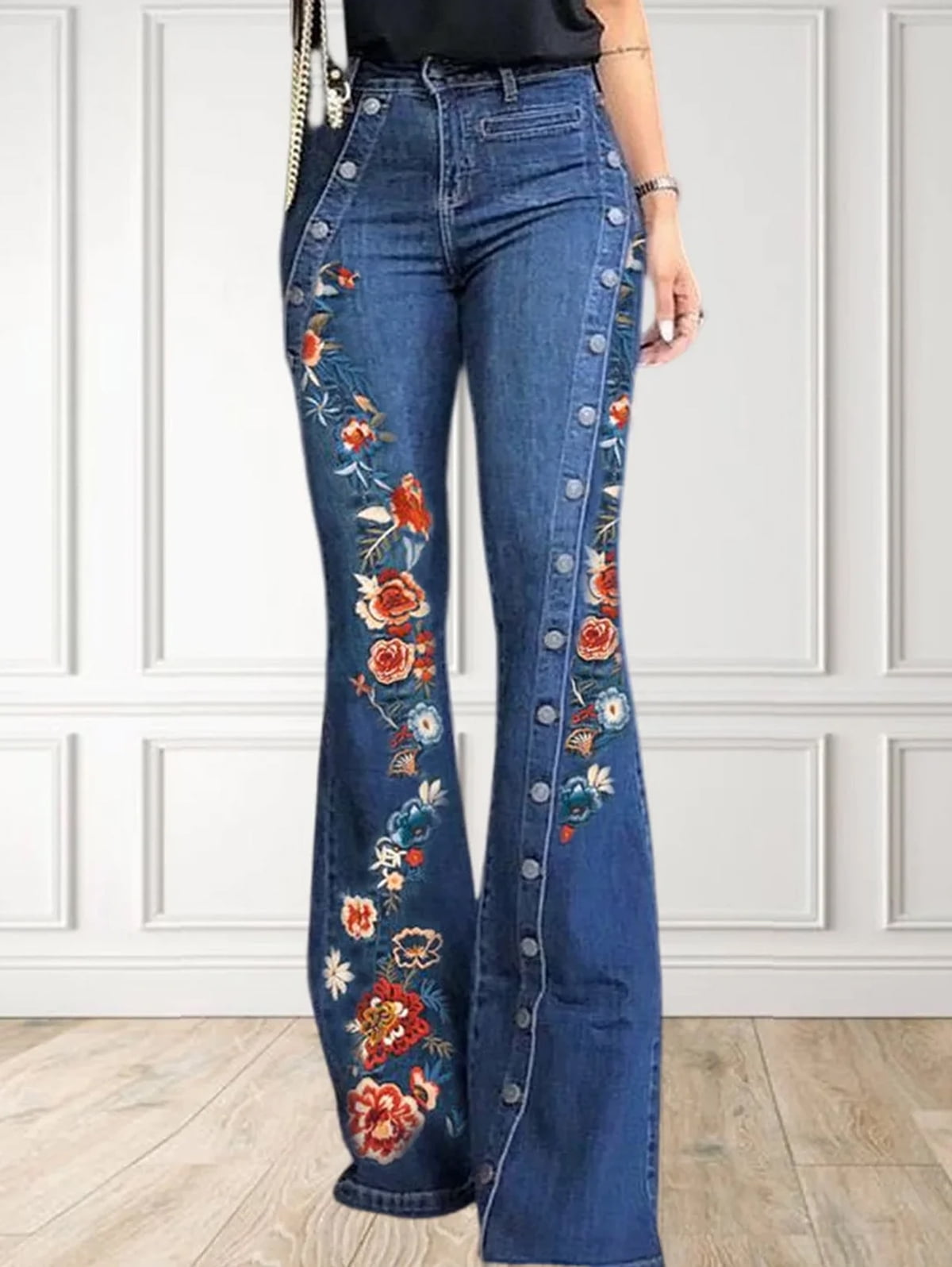 Women Fashion Plain Button Decor Flare Leg Long Denim Pants Floral ...